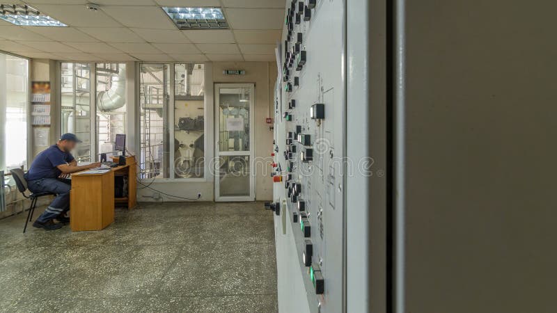 Factory Control Panel Timelapse Hyperlapse. Engineer Standing in Front ...
