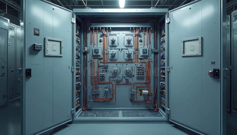 Factory Electrical Control Panel Open with Intricate Wiring and ...