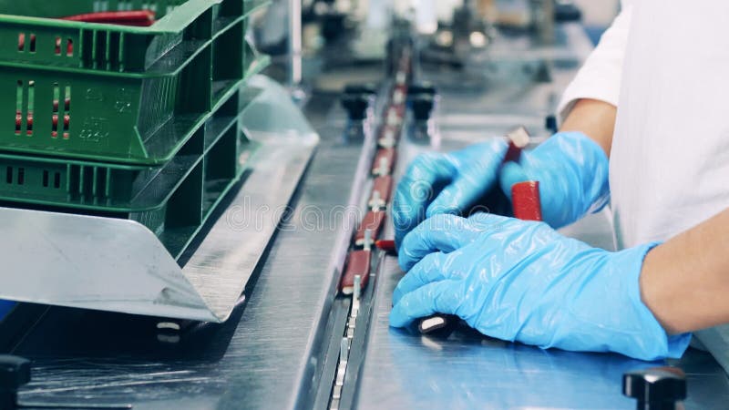 Factory Employee is Loading Candy Bars into the Conveyor Stock Video ...