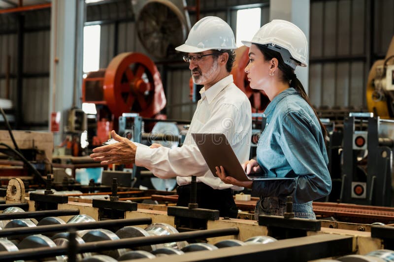 Factory Engineer with Assistant Using Laptop Inspect Factory ...