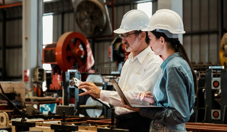 Factory Engineer with Assistant Using Laptop Inspect Factory. Pano Exemplifying Stock Image ...