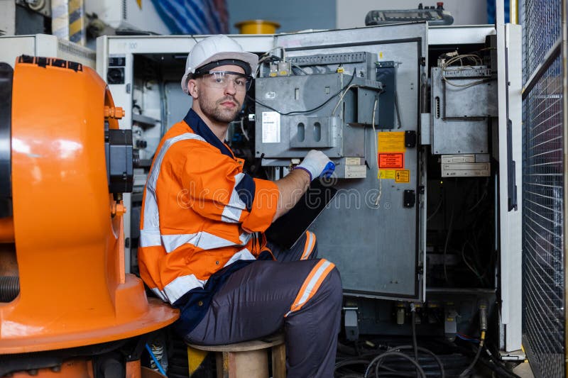 Factory Engineers Wear Uniform and Helmet are Checking Quality System ...