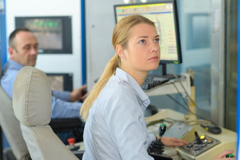 Factory Female Worker in Control Room Stock Photo - Image of machine ...