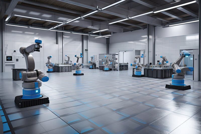 Factory Floor with Cobots Moving between Workstations, Completing ... Factory Floor with Cobots Moving between Workstations, Completing ...