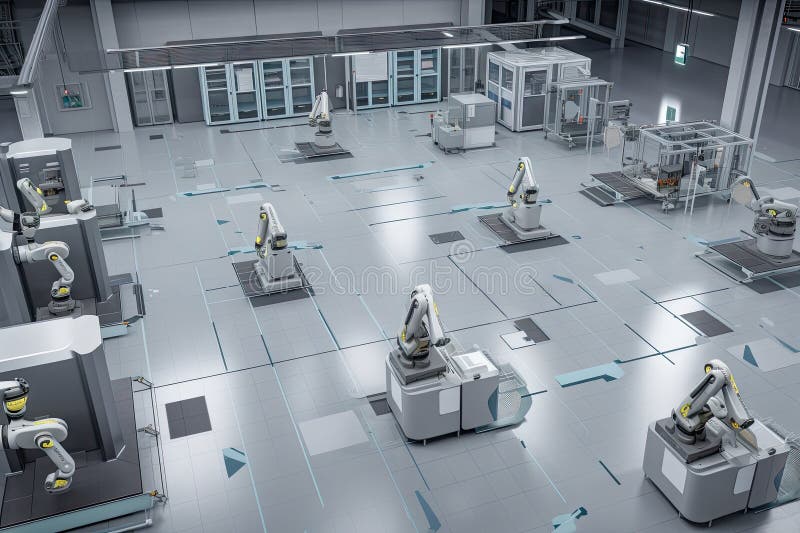 Factory Floor with Cobots Moving between Workstations, Completing ...