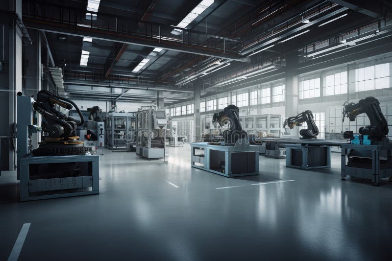 Factory Floor with Cobots Performing Different Tasks, Demonstrating ... Factory Floor with Cobots Performing Different Tasks, Demonstrating ...