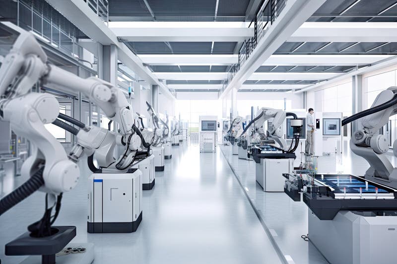 Factory Floor with Cobots Performing Simple Tasks Side by Side with ...