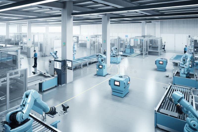 Factory Floor with Cobots Performing Simple Tasks Side by Side with ...