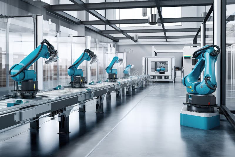 Factory Floor with Cobots Performing Simple Tasks Side by Side with ...