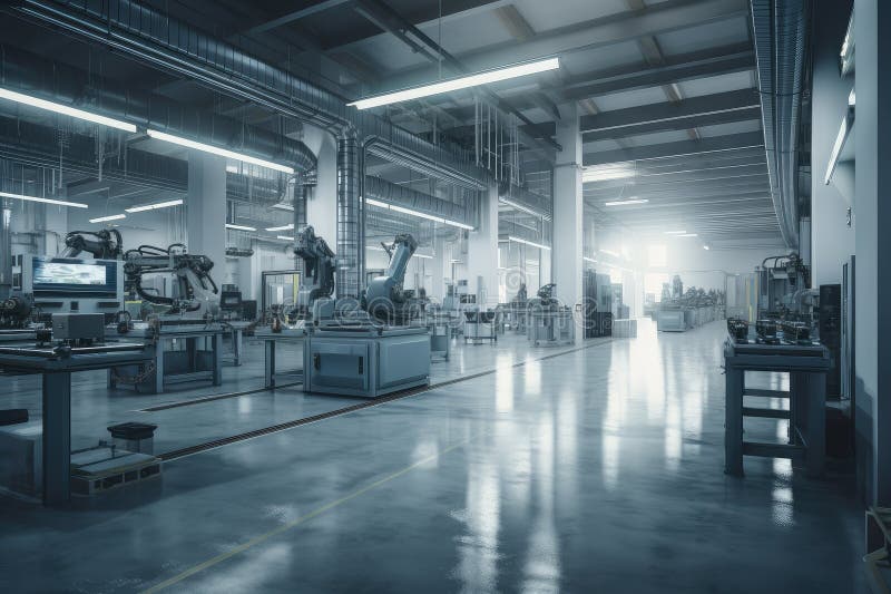 Factory Floor with Cobots Working on Assembly Line and Humans in the ... Factory Floor with Cobots Working on Assembly Line and Humans in the ...