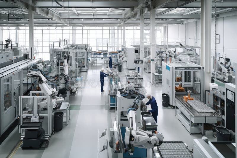 Factory Floor with Cobots Working Side by Side with Human Workers Stock ...