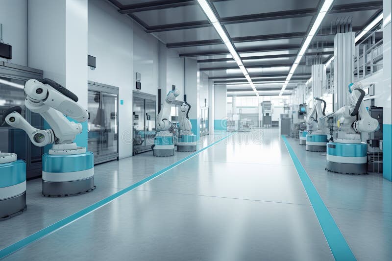 Factory Floor with Cobots Working Side by Side with Human Workers Stock ...