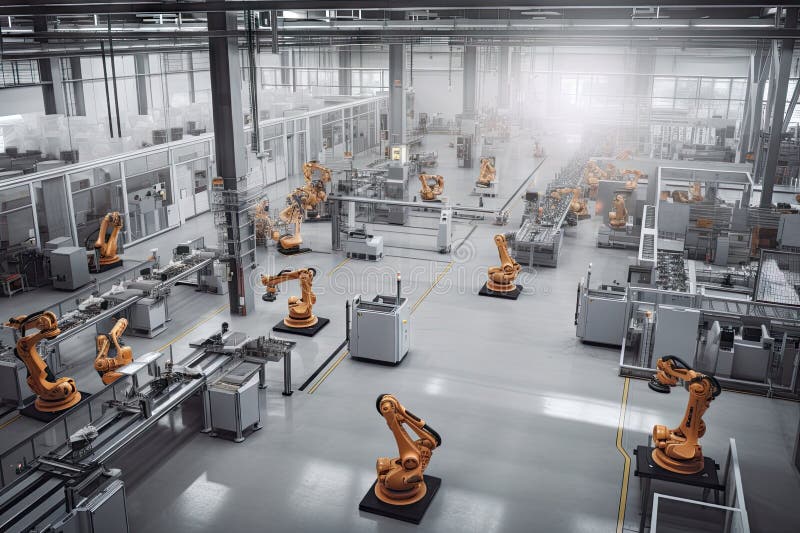 Factory Floor Filled with Advanced Robotic Systems, Performing Complex ...
