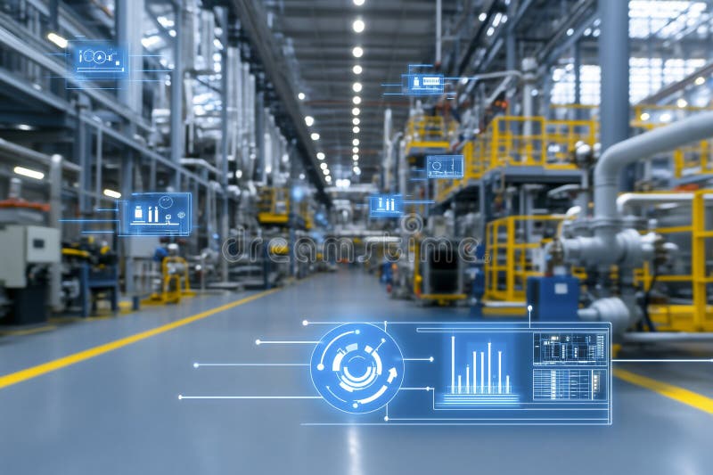 Factory Floor with a Large Number of Blue and Yellow Icons Stock ...