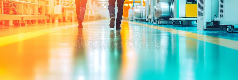 Factory Floor Perspective Two Workers Walking, Modern Manufacturing ...