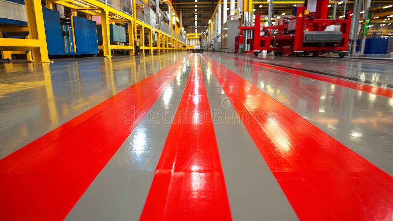 Factory Floor with Red Lines, Safety Markings, and Modern Machinery ...