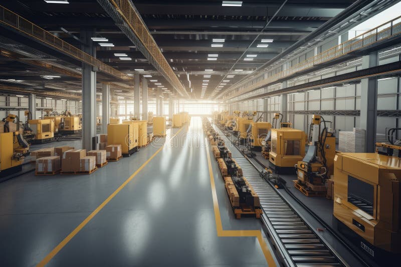 A Factory Floor, with Robotic Arms and Vehicles Moving Goods between ...