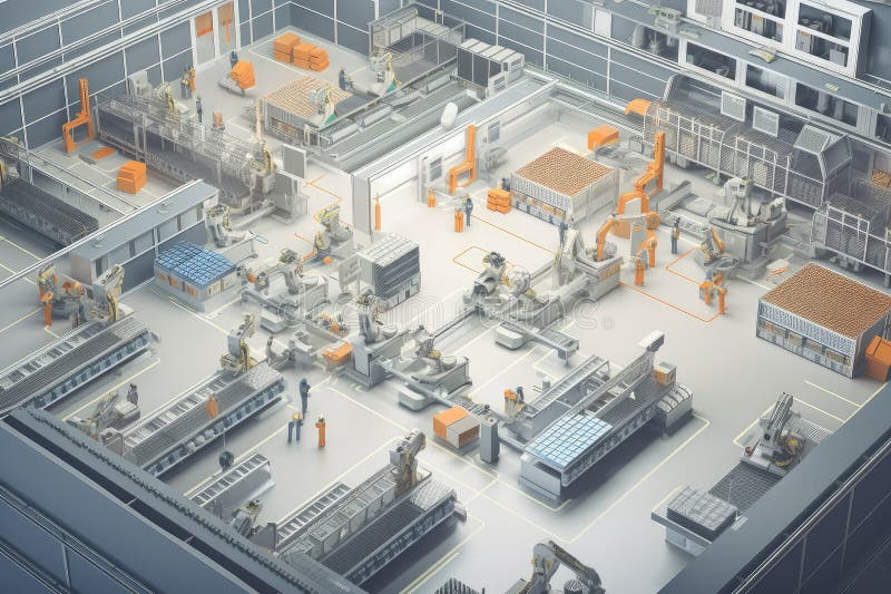 A Factory Floor, with Robots Performing Various Functions and Assisting ...