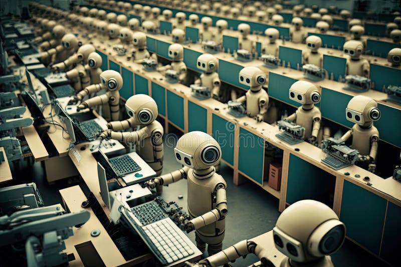 Factory Floor, with Rows of Androids Being Assembled by Robots Stock ...