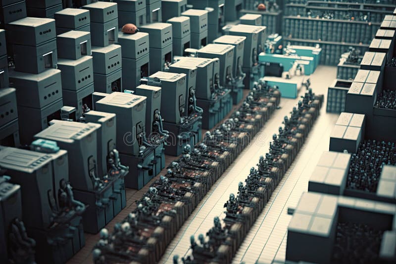 Factory Floor, with Rows of Androids Being Assembled by Robots Stock ...