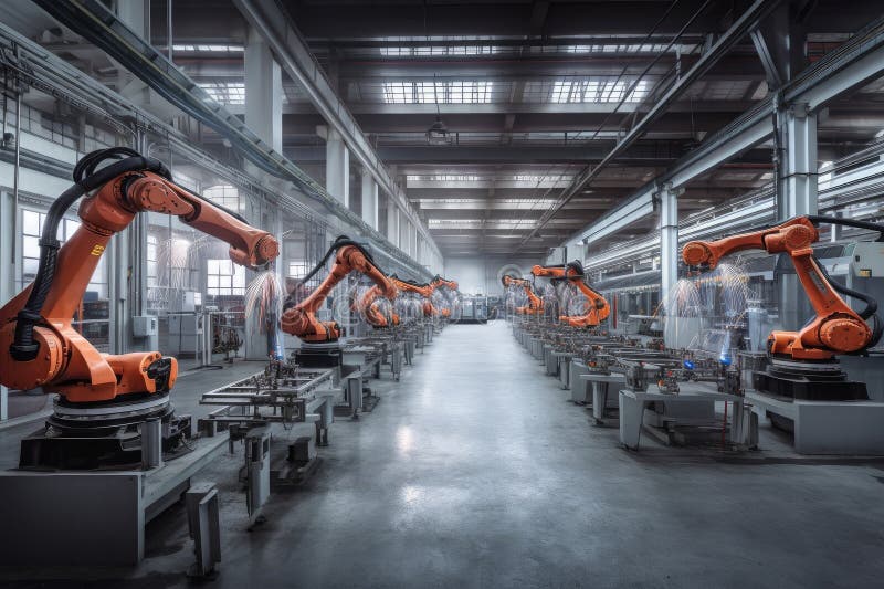 Factory Floor, with Rows of Robotic Arms and Welding Torches Completing ...