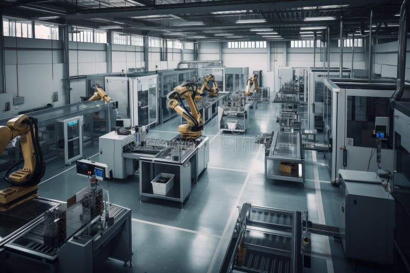 Factory Floor Teeming with Robotic Assembly Lines, Producing High-tech ...