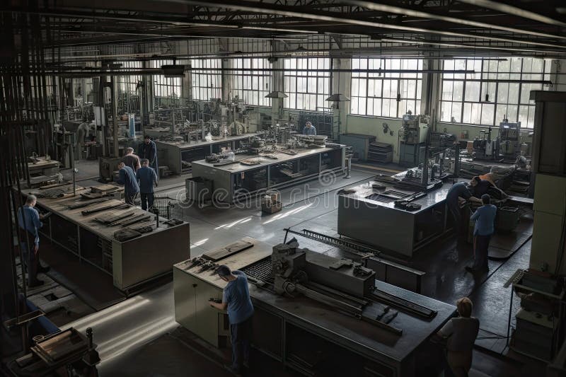 Factory Floor with Workers Performing Various Metalworking and Assembly ...
