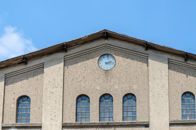 Factory Front View with Clock Stock Photo - Image of petrochemicals ...