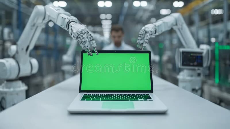 Factory of the Future Engineer with Green Screen Laptop and Robotic Arms in High-Tech ...
