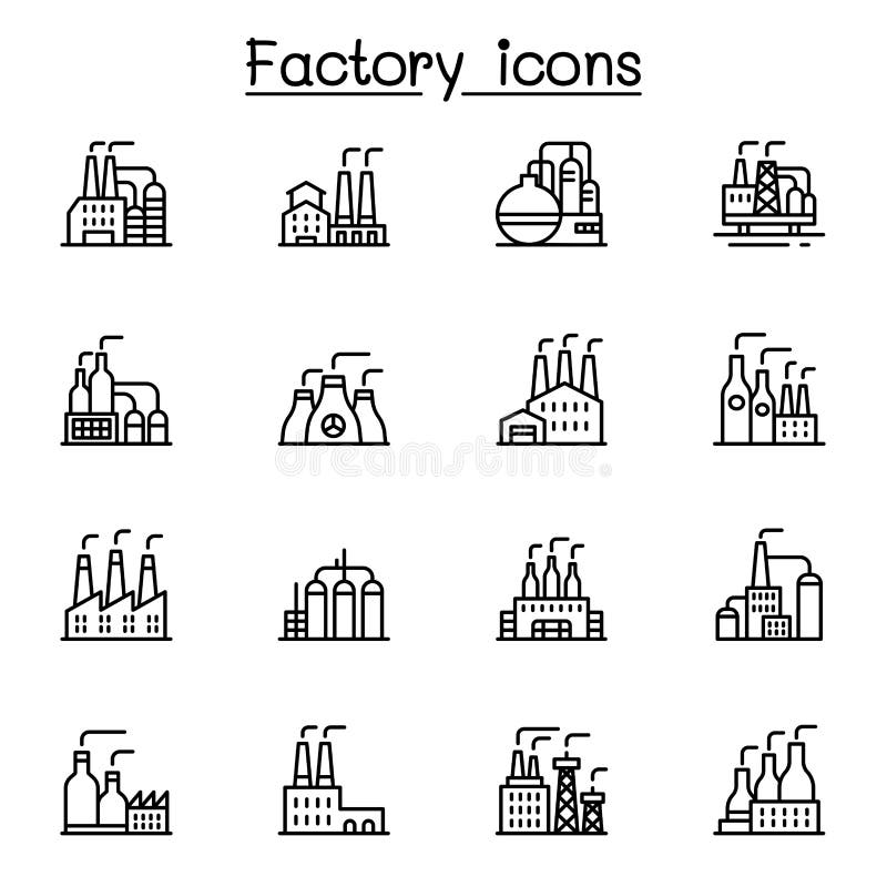 Factory Icon Set in Thin Line Style Stock Vector - Illustration of ...
