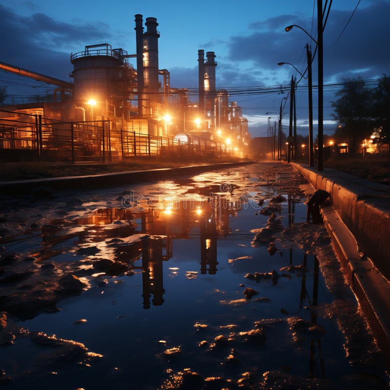 Factory Illuminated at Night with Oil Puddle in Front, Under Cloudy Sky ...