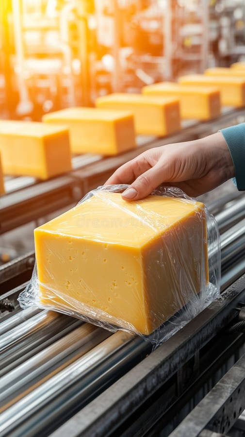 Factory Inspector Observing Wrapped Cheese Blocks on a Conveyor Belt ...
