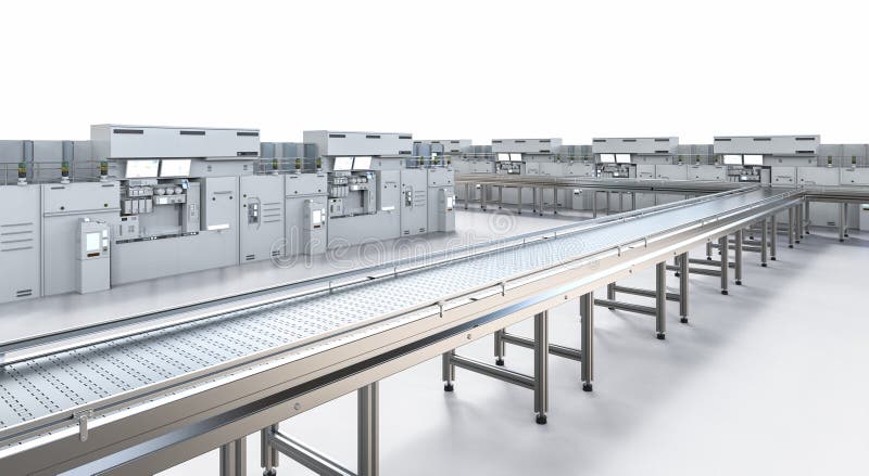 Factory Interior with Empty Conveyor Line and Electric Machine Stock ...