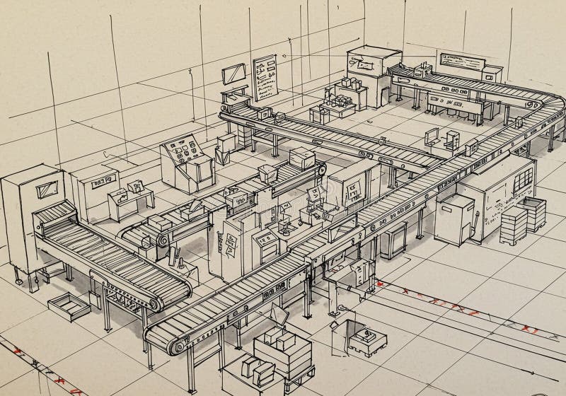 Factory Interior Illustration Depicting a Complex Assembly Line System ...