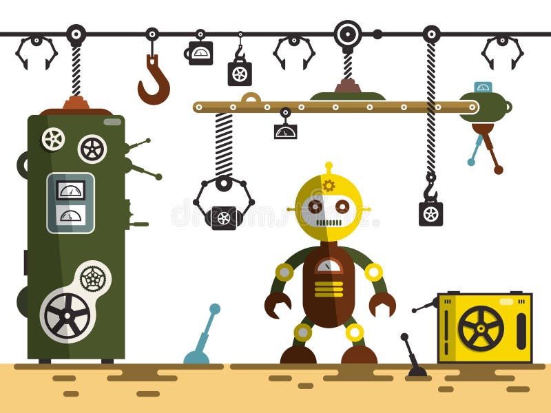 Factory Interior. Robot with Machines Stock Vector - Illustration of ...