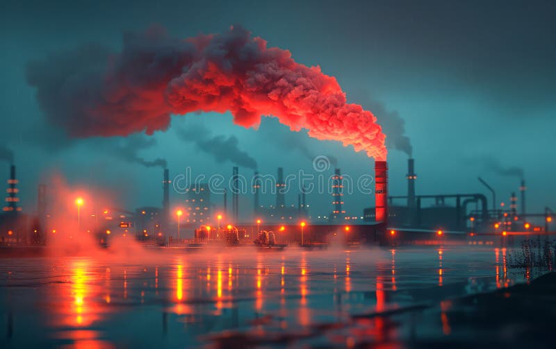 A Factory with a Large Red Smoke Stack. Scene is Ominous and Foreboding ...