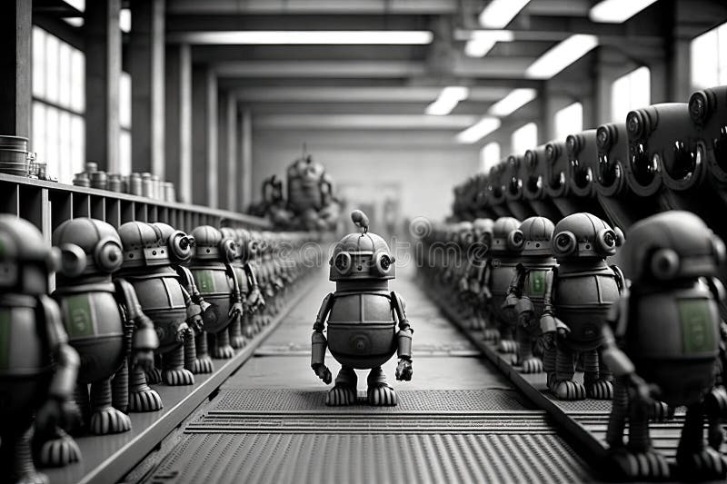 Factory, with Line of Androids Moving through Assembly Process Stock ...