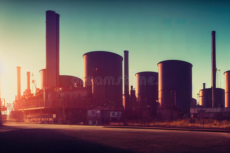 A Factory with a Lot of Smoke Stacks in the Background and a Blue Sky ...