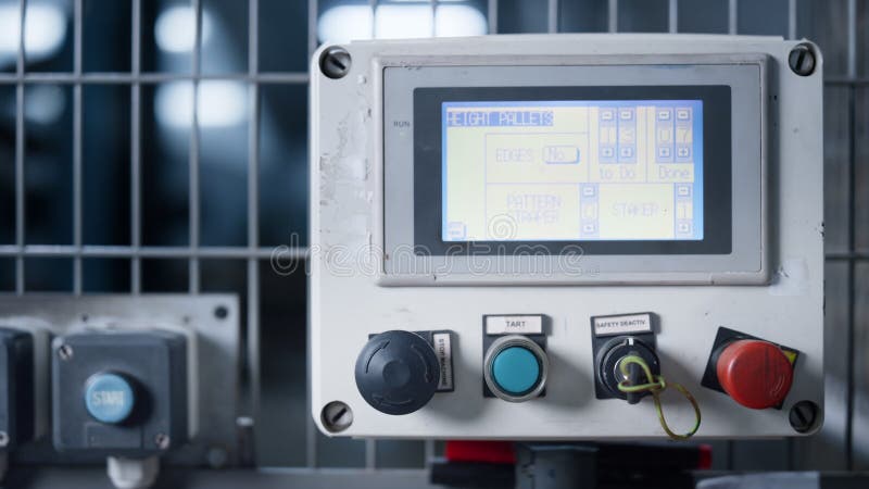 Factory Machine Stop Button on Technological Manufacture Automat Panel ...