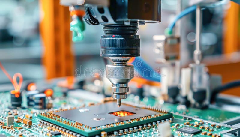 In a Factory, a Machine is Working on Assembling a Motherboard, a Vital ...