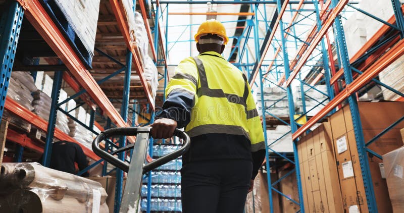 Factory, Man and Worker Pull Pallet Truck for Supply Chain, Restock ...