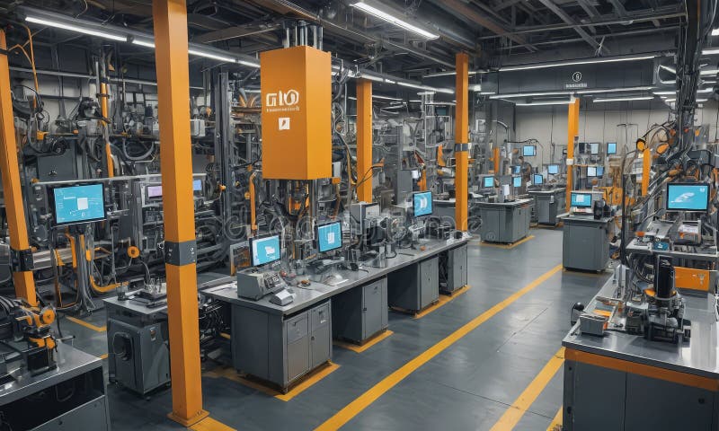 Factory with Many Machines and Monitors Stock Illustration ...