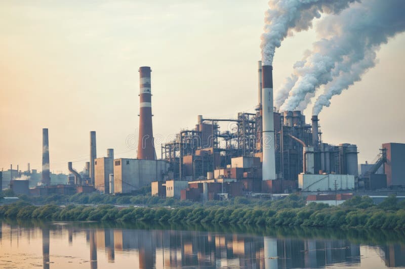 A Factory with Multiple Smokestacks Emitting Pollution into the Air ...