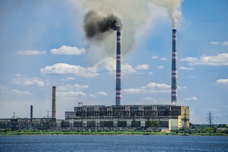 Factory Next To River with Air Pollution Stock Photo - Image of plant ...
