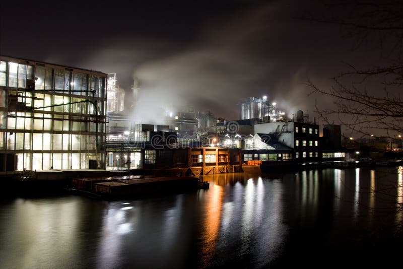 Factory at night stock image. Image of cloud, global, channel - 7303849