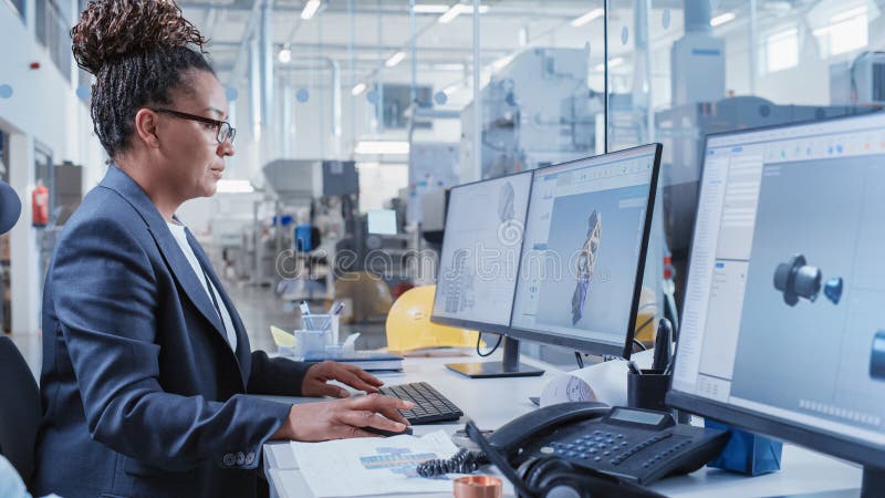 Factory Office Facility: Industrial Engineer Drafting Blueprints of a Heavy Industry Machine ...