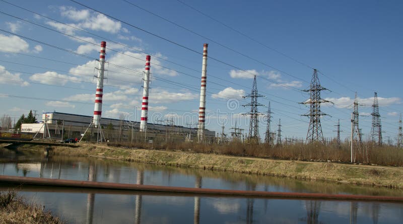 Factory Pipes and High Voltage Power Lines Stock Photo - Image of ...