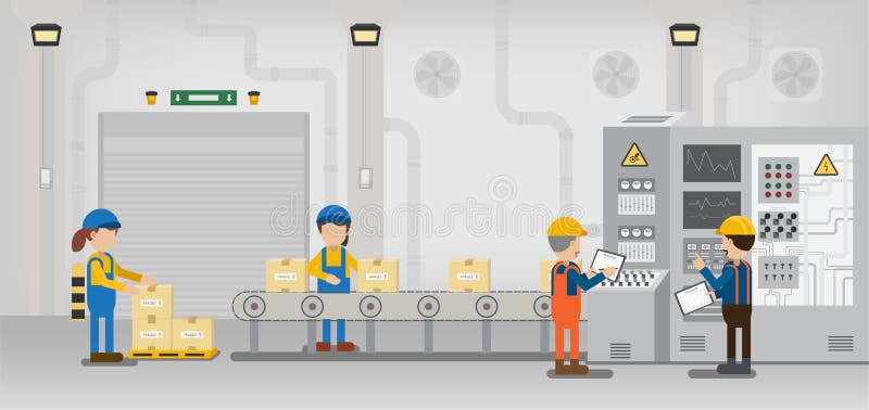 Factory Production Line Employees Pack Products. Stock Vector ...