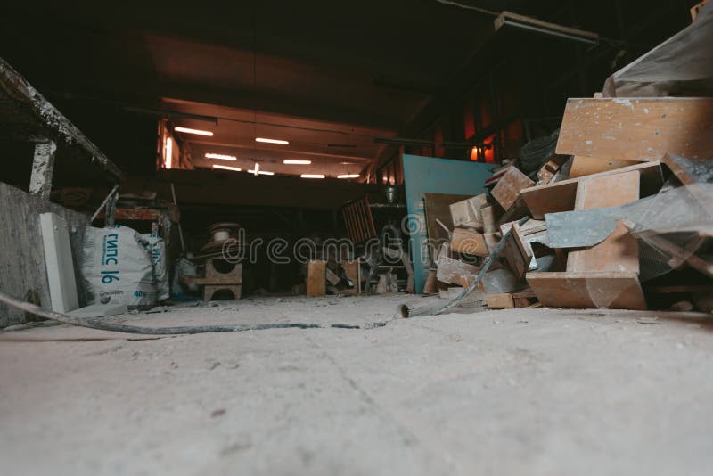 Factory for Production of Plaster Molds. Cluttered Dusty Old Warehouse ...