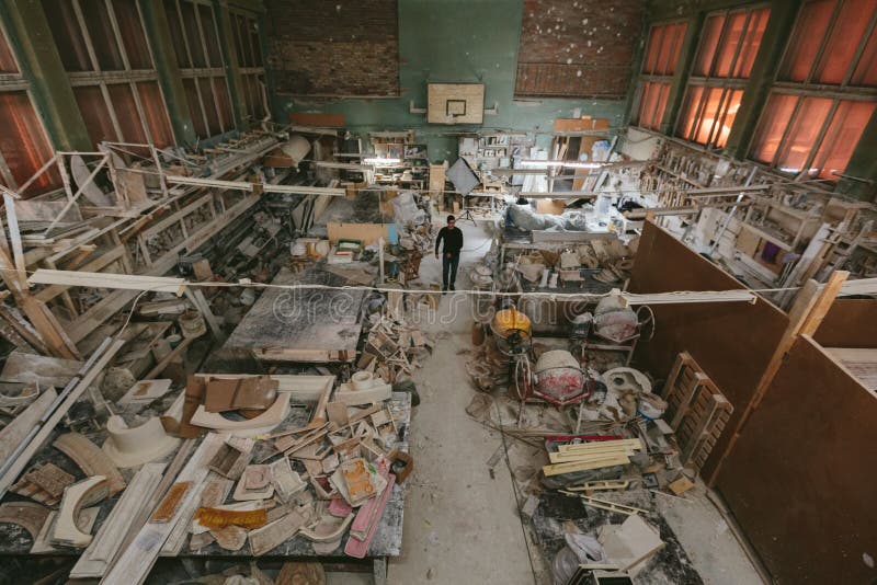 Factory for Production of Plaster Molds. Cluttered Dusty Old Warehouse ...